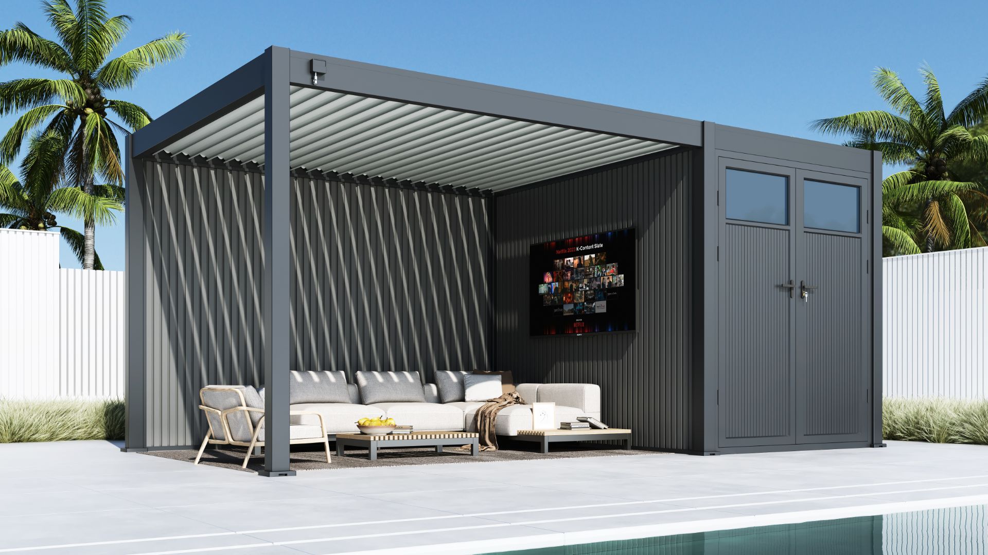 Combo Louvered Pergola with Storage | Outdoor Creation (OCC)